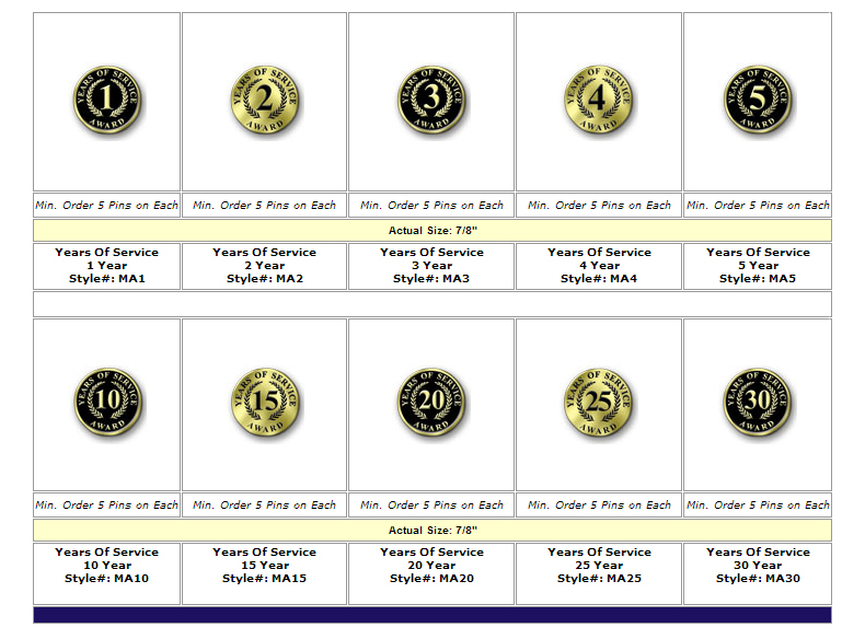 Milestone Pins - Years of Service 1, 2, 3, 4, 5, 10, 15, 20, 25, 30 ...